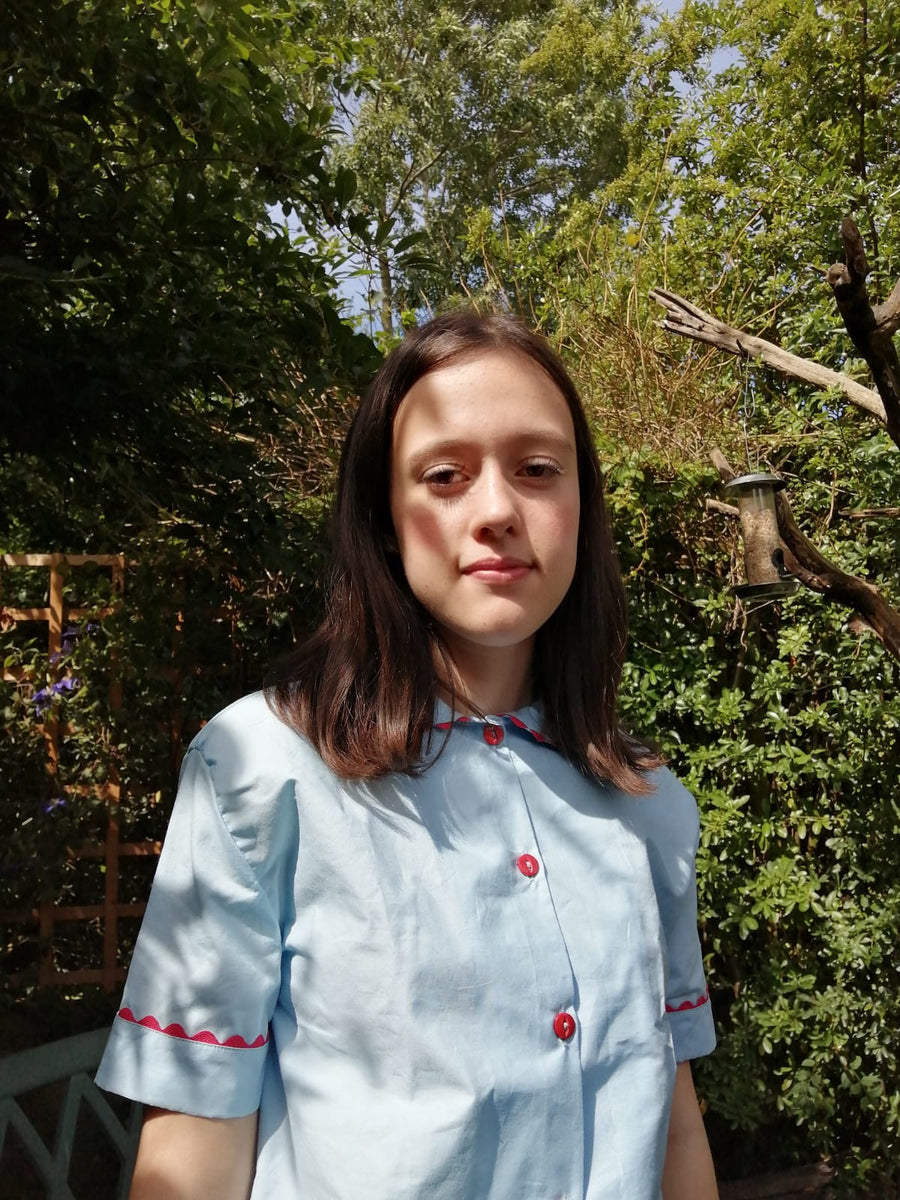 100% Cotton Poplin Blue Pyjamas with Red Ric Rac Trim – Sarah Brown ...